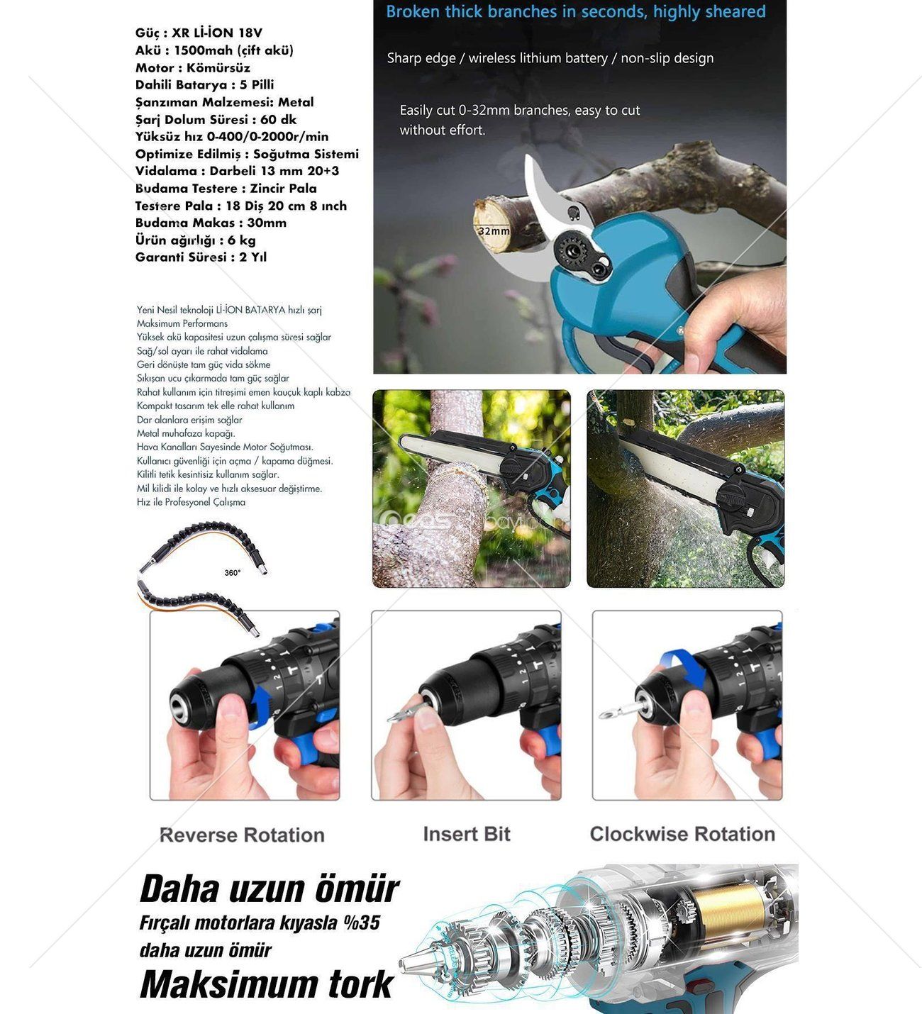 3 lü Set XR LI-ION Batarya Kömürsüz Motor Çift Akülü Şarjlı Matkap Şarjlı